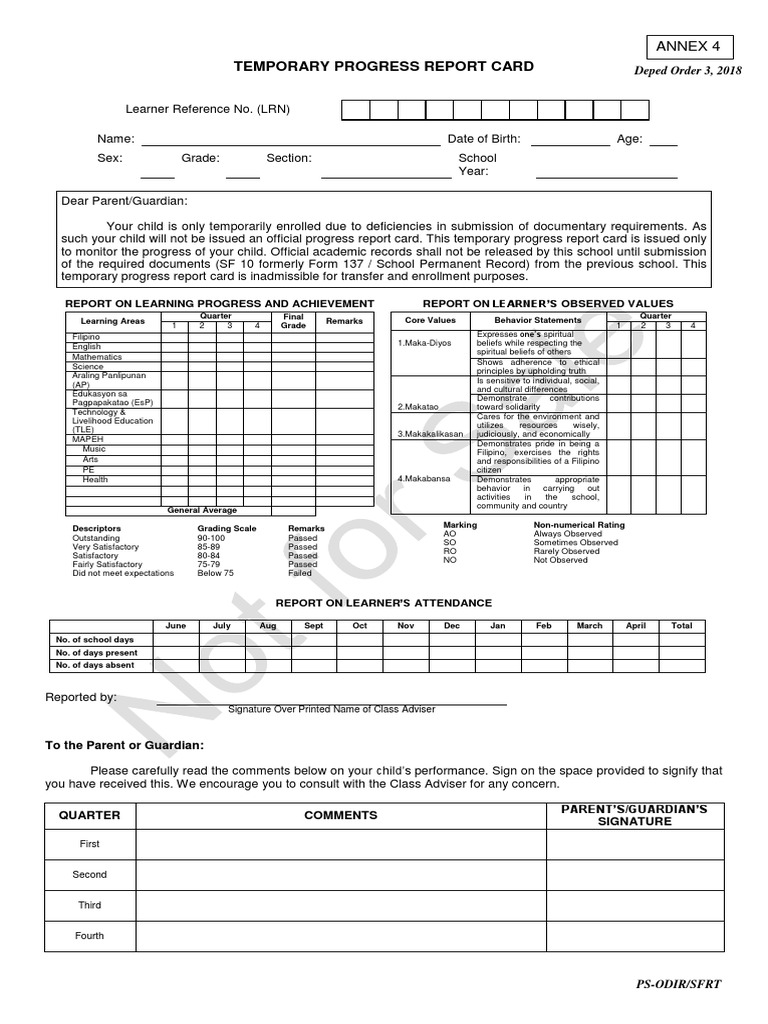 Annex 4 Temporary Progress Report Card DO 3 2018 | PDF | Learning | Cognition