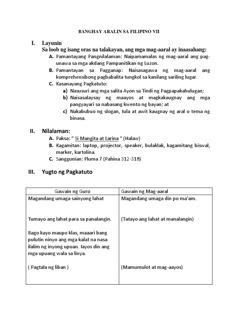 Banghay Aralin Sa Filipino Vii