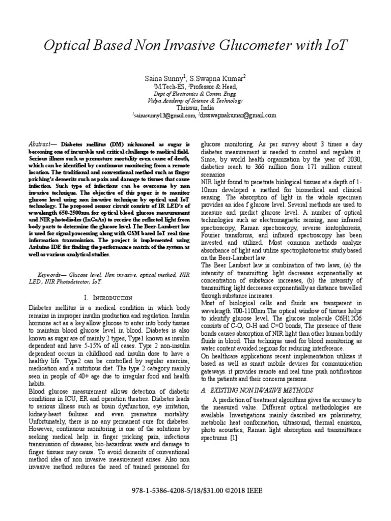 Optical Based Non Invasive Glucometer With IoT | PDF | Infrared | Absorption Spectroscopy