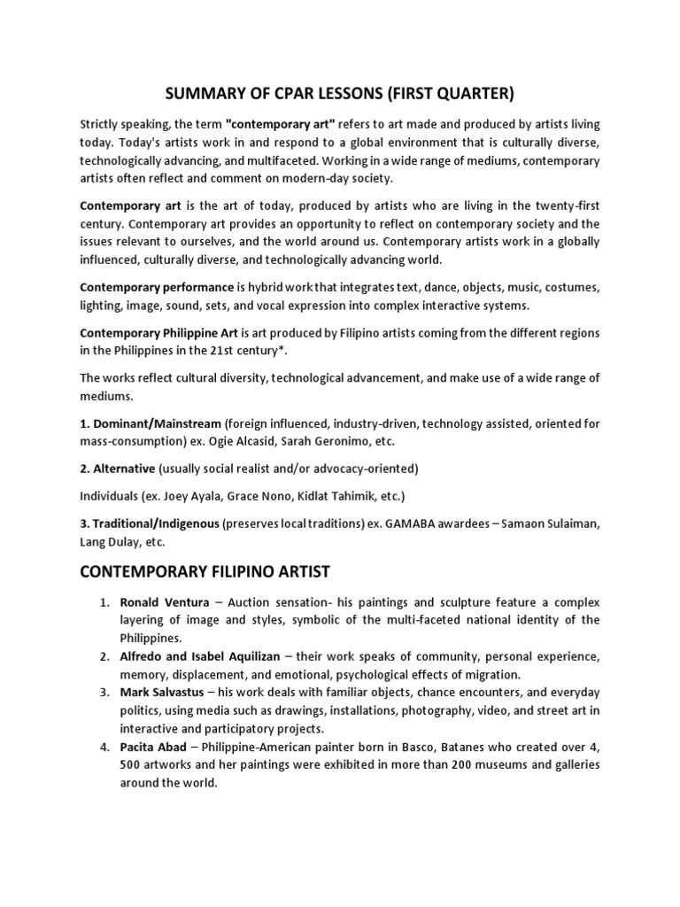 Summary of Cpar Lessons 1st Quarter | PDF | Collage | Paintings