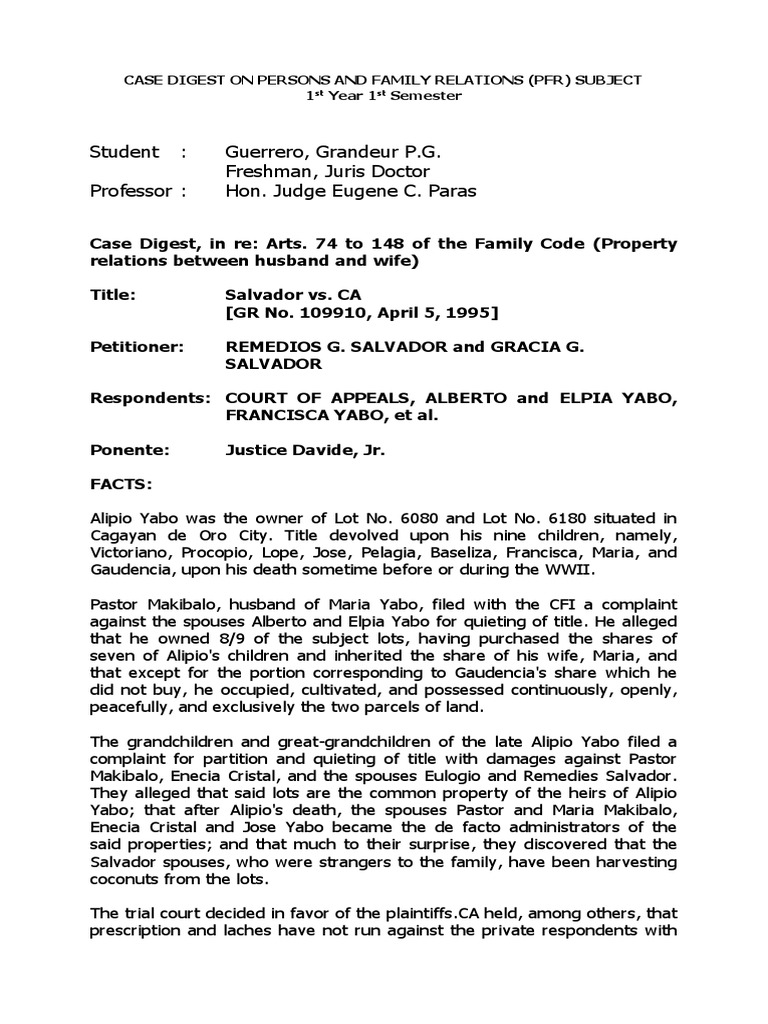 Case Digest PFR Subject Salvador vs. CA (GR No. 109910, April 5, 1995) | PDF | Trust Law ...