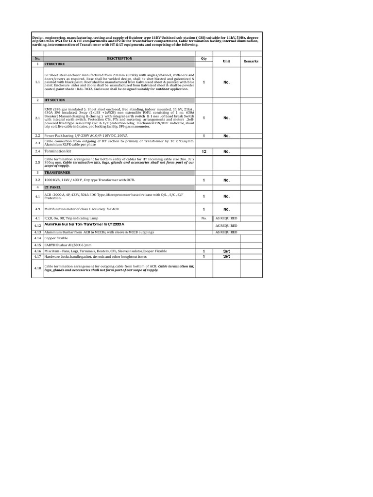 Bom - 1000 Kva CSS | PDF | Electrical Substation | Transformer