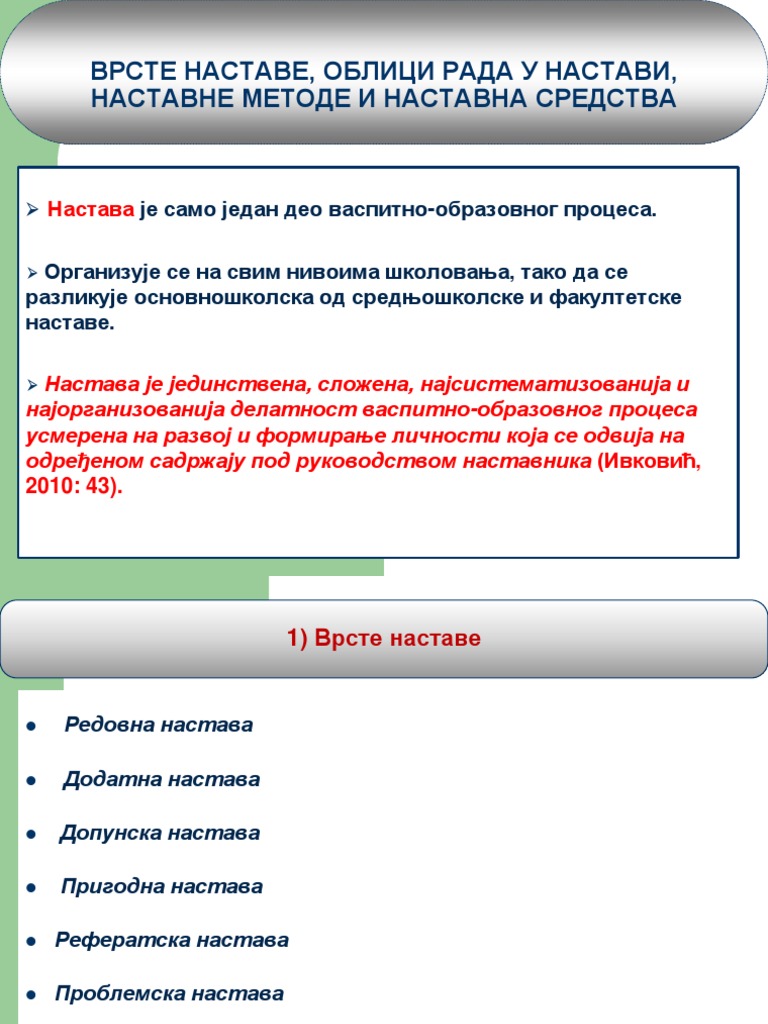 Vrste Nastave, Oblici Rada U Nastavi, Nastavne Metode I Nastavna ...