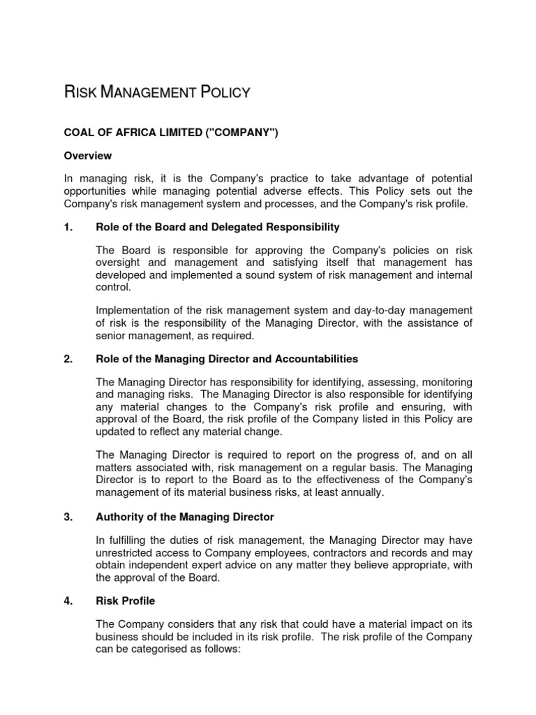 Risk Management Policy | PDF | Risk Management | Audit Committee