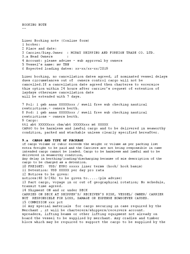 Liner Booking Note for Cargo Shipment | PDF | Cargo | Bill Of Lading