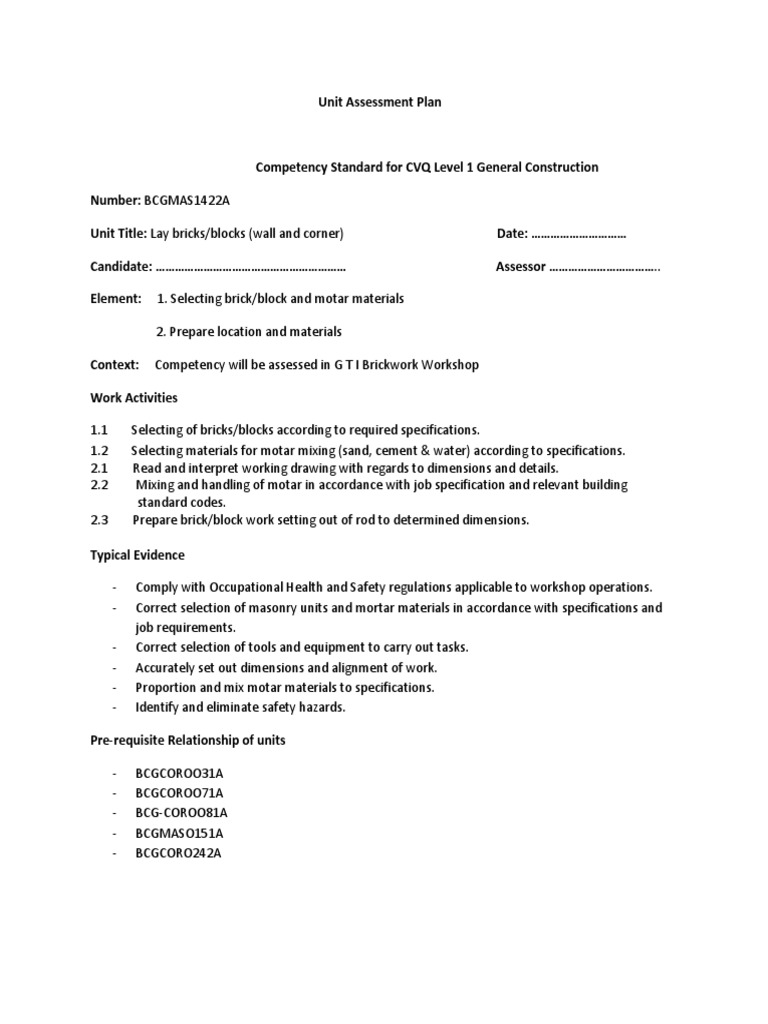 CVQ Level 1 Bricklaying Assessment Plan | PDF | Mortar (Masonry) | Brick