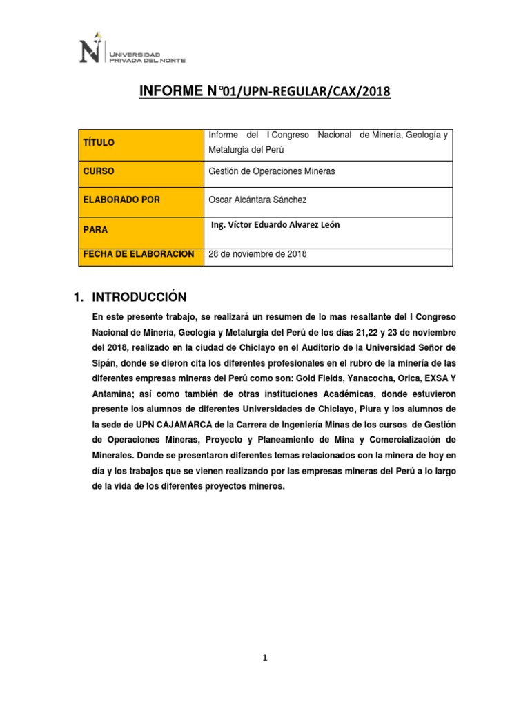 Informe Practica de Campo Upn PDF | PDF | Cianuro | Minería