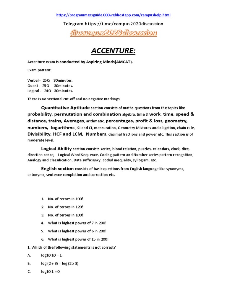 Accenture Conducted by AMCAT PDF | PDF | Logarithm | Teaching Mathematics