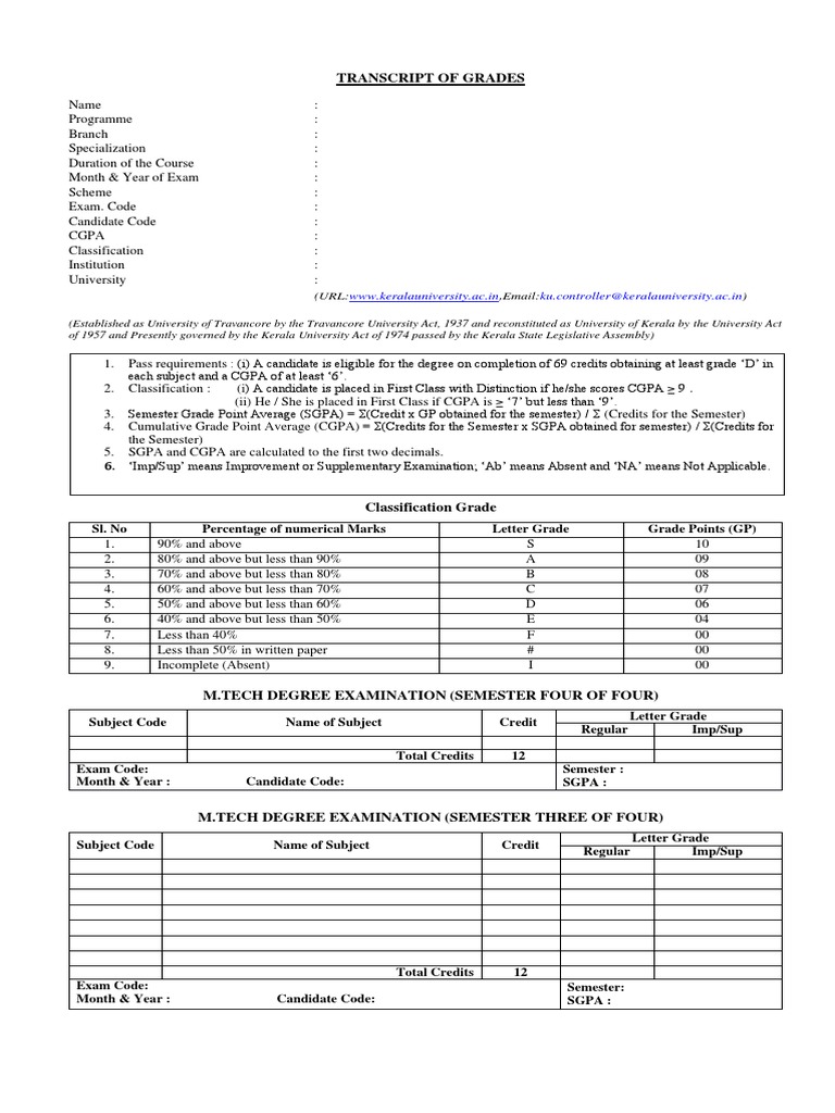Kerala University M Tech Transcript Format | PDF | Student Assessment ...