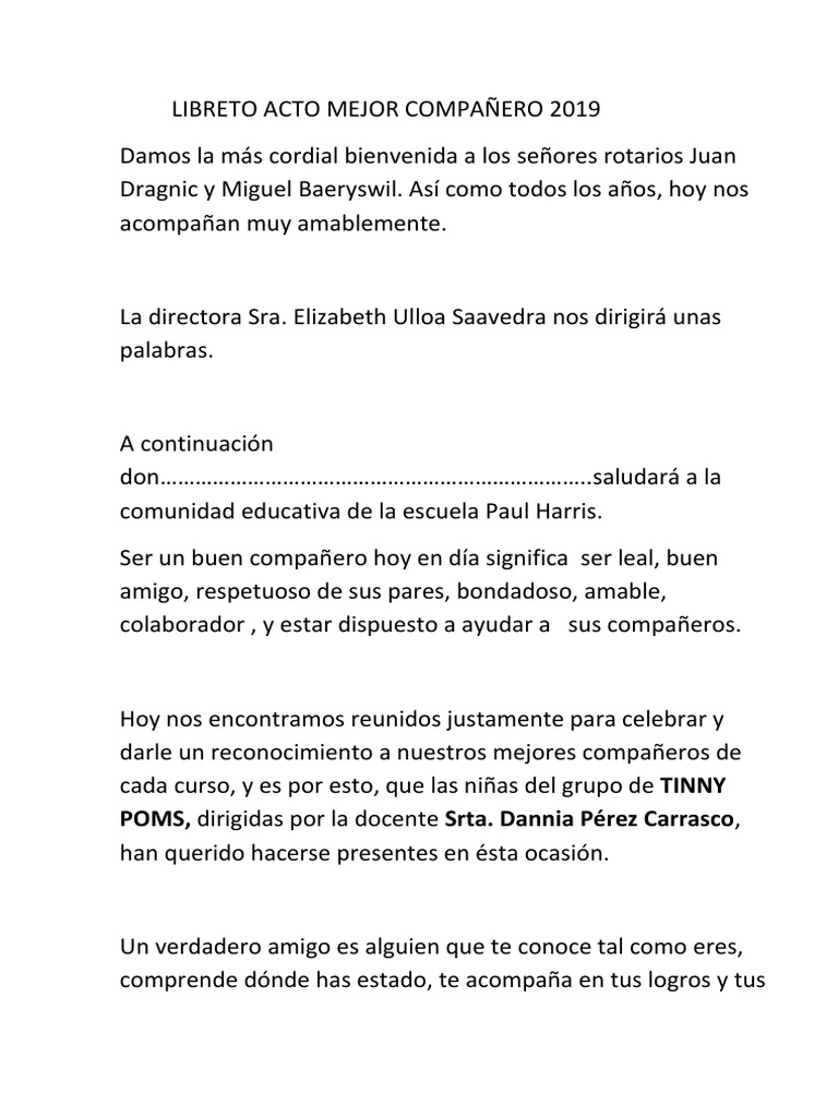 Libreto Acto Mejor Compañero 2019 | PDF | Deportes y actividades al ...