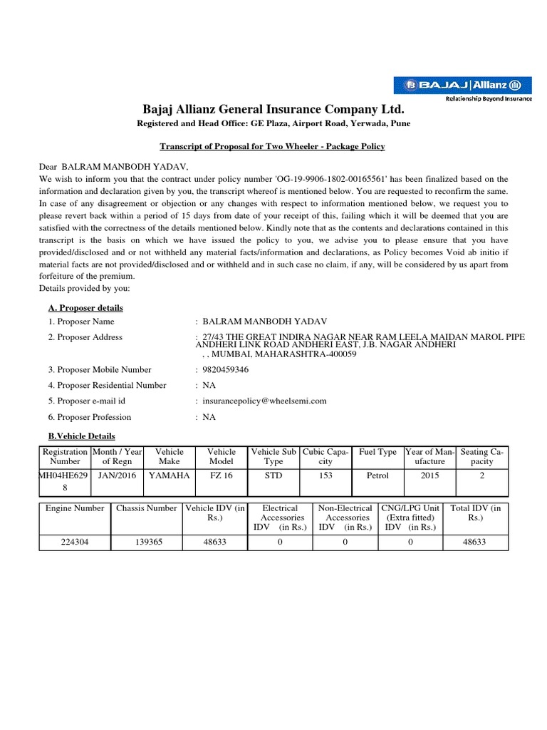 Bajaj Allianz Two Wheeler Insurance Details | PDF | Deductible ...