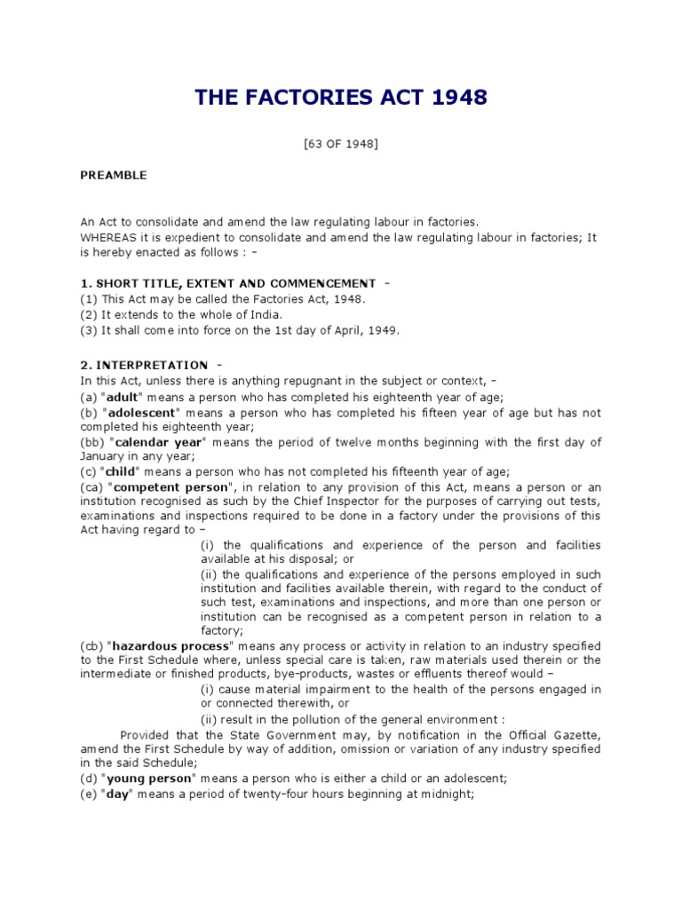 Factories Act 1948 Overview and Definitions | PDF | Labor | Belt ...