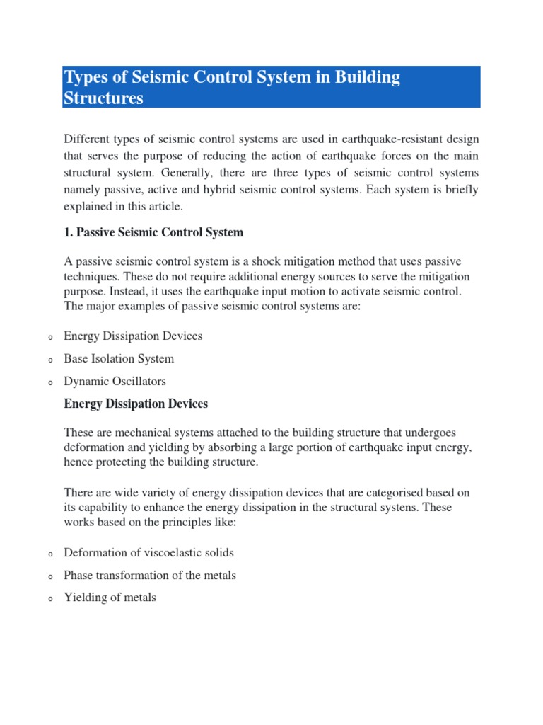 Types of Seismic Control System in Building Structures | PDF ...