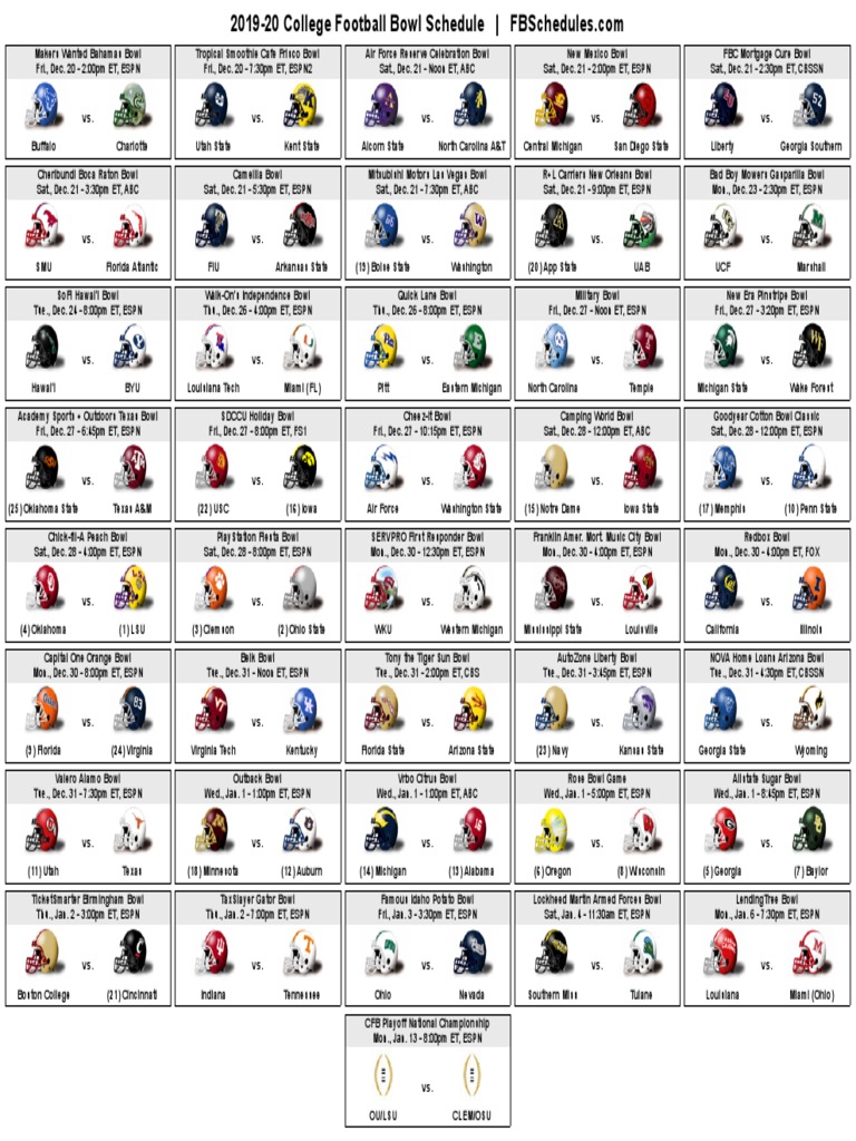 2019-20 College Football Bowl Schedule | PDF | Ncaa Football | College ...