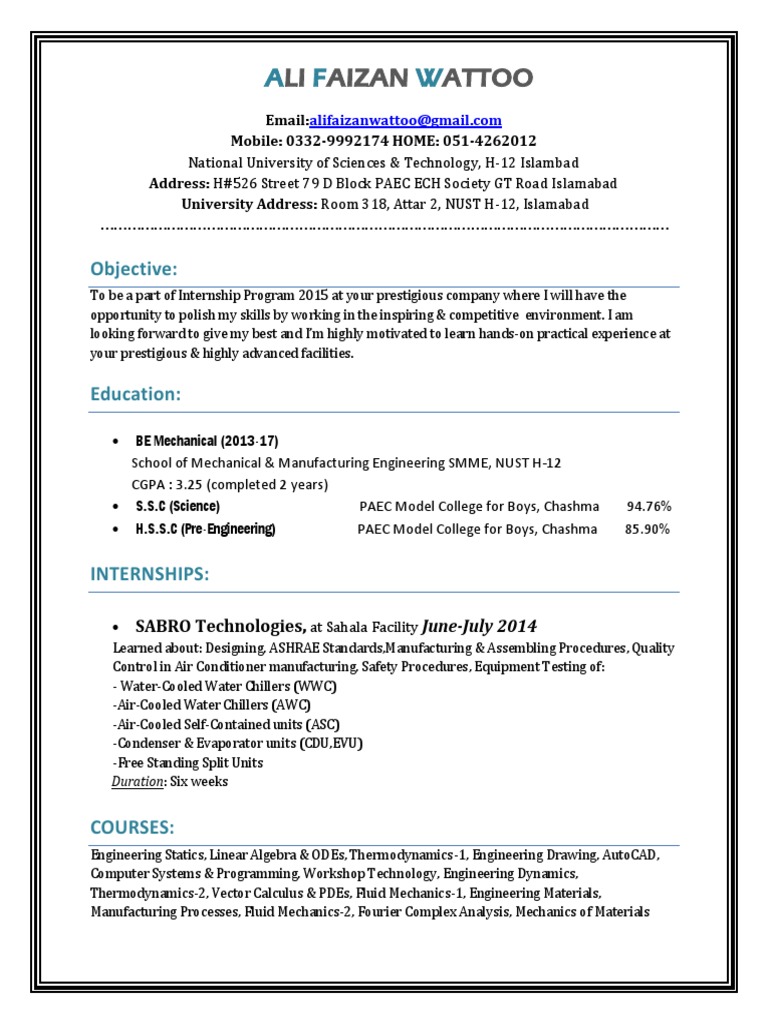 Ali Faizan Wattoo NUST CV | PDF | Mechanical Engineering | Engineering