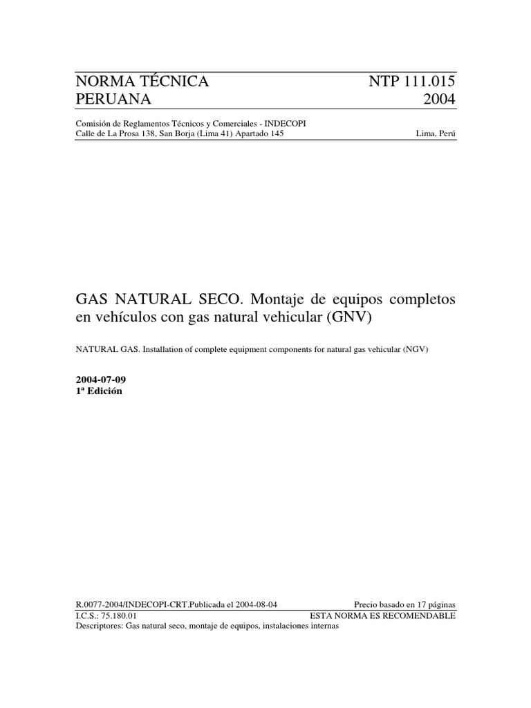NTP 111.015-2004. - Montaje GNV PDF | PDF | Carburador | Acero
