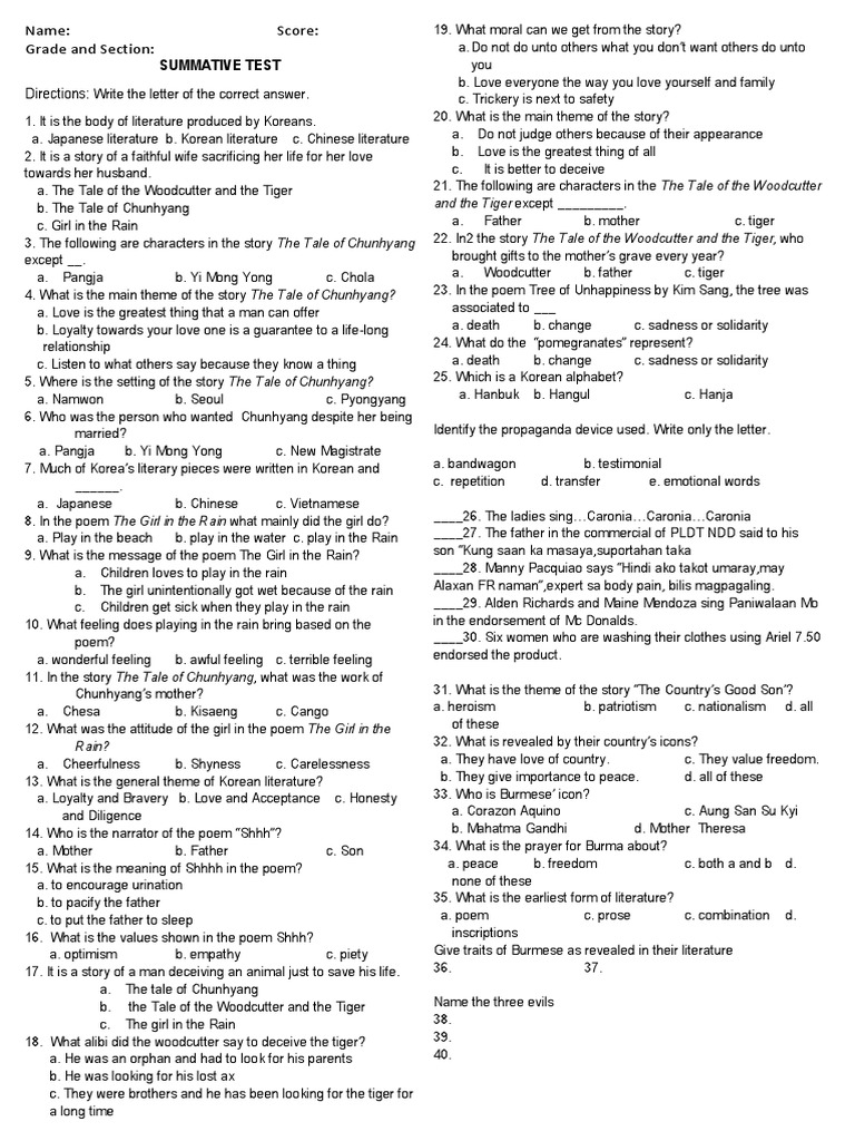 Third Summative Test | PDF | General Fiction