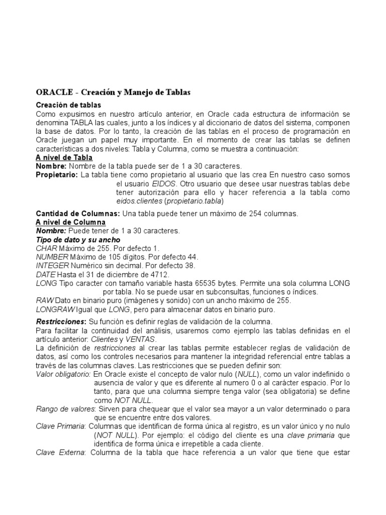 Creación y Gestión de Tablas Oracle | PDF | SQL | Tabla (base de datos)