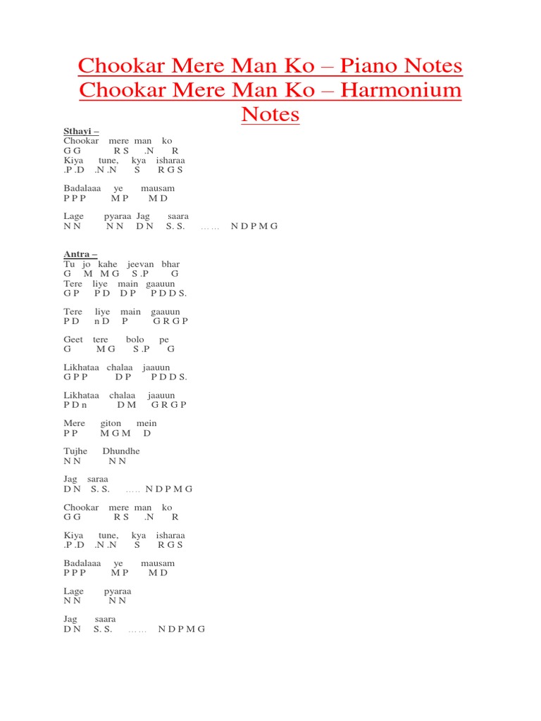 Harmonium Notes for Hindi Songs | PDF | Religion & Spirituality