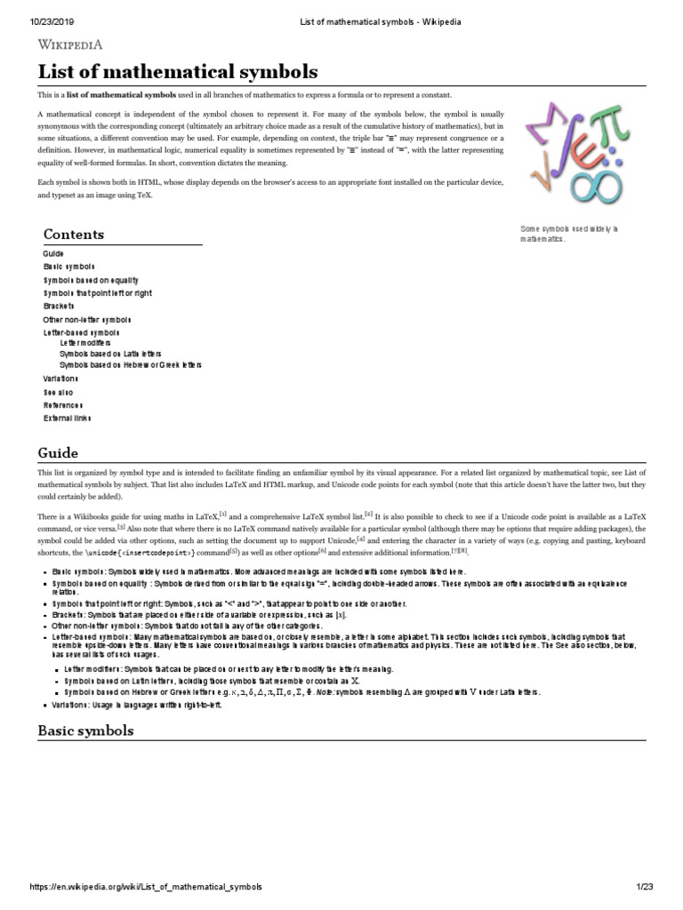 List of Mathematical Symbols - Wikipedia PDF | Download Free PDF ...