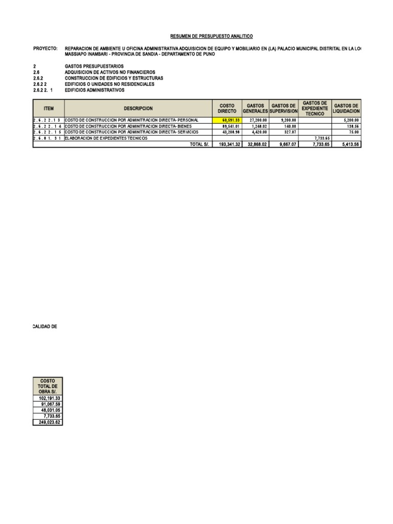 Cuadro Resumen de Ppto Analitico Ejemplo | PDF | Presupuesto | Economias