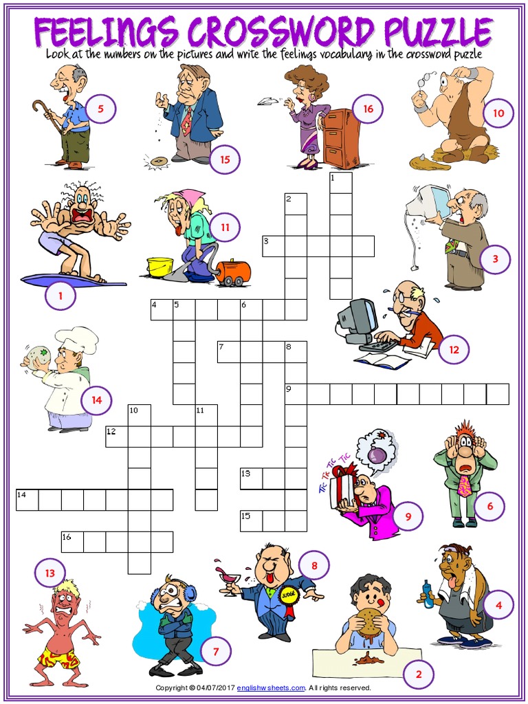 Feelings Emotions Vocabulary Esl Crossword Puzzle Worksheet For Kids ...