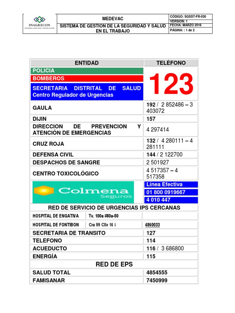 SGSST-FR-030 Medevac | PDF | Seguridad Pública | Gestión de emergencias SGSST-FR-030 Medevac | PDF | Seguridad Pública | Gestión de emergencias