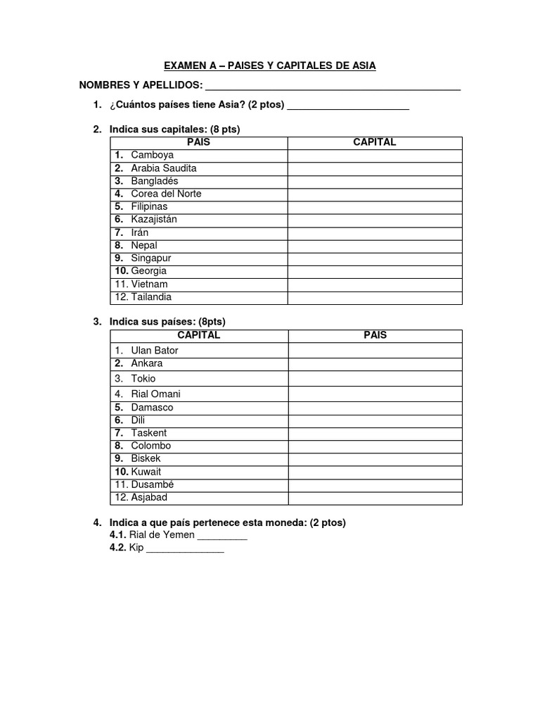 Paises de Asia - Examen | PDF | Negocios | Finanzas y dinero