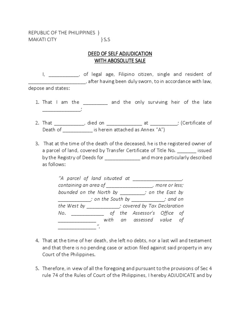 Deed of Adjudication With Absolute Sale | PDF | Deed | Natural ...