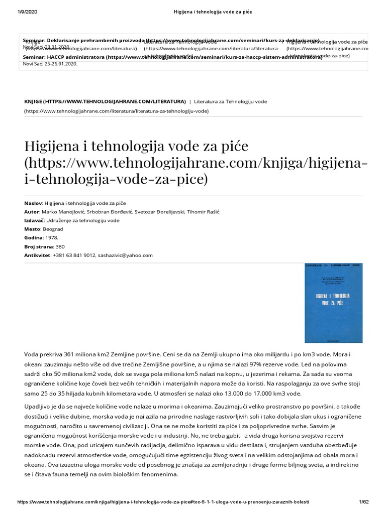 Higijena I Tehnologija Vode Za Piće PDF | PDF