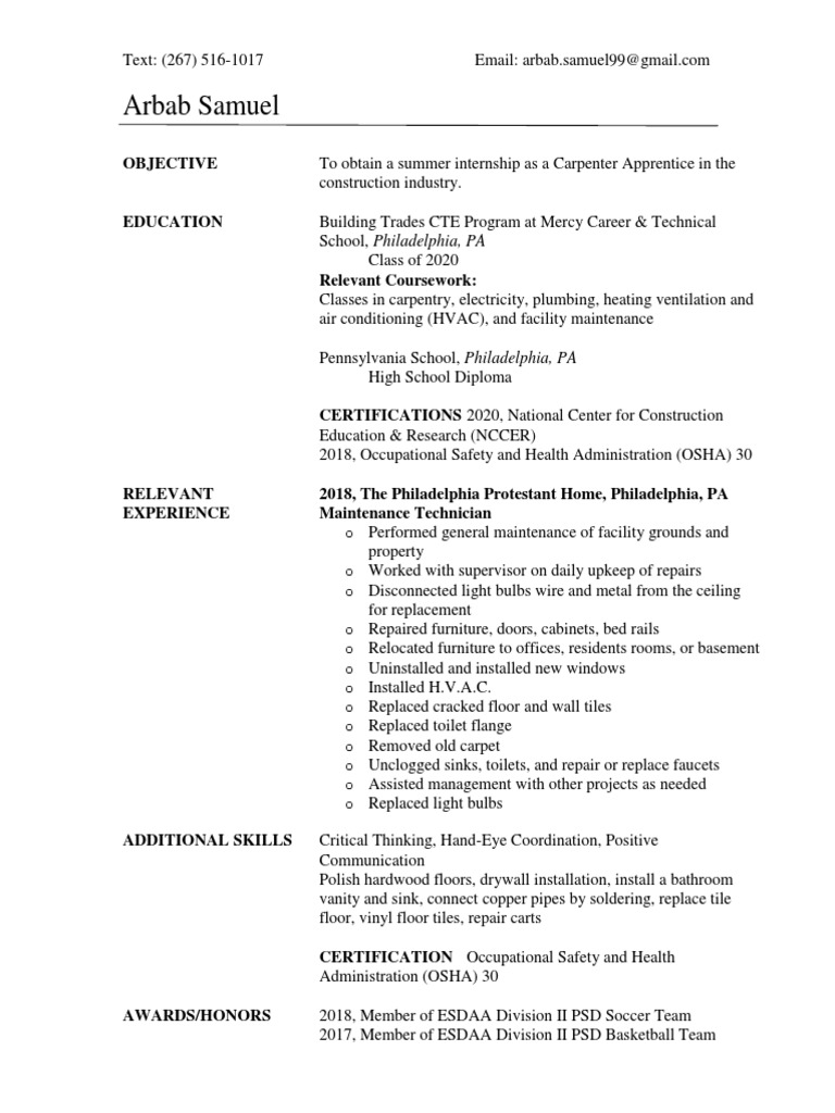 Arbab Samuel Resume 2019 | PDF | Carpentry | Economic Sectors