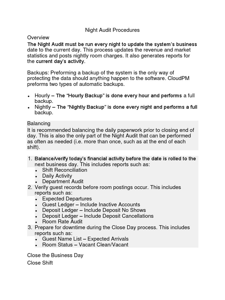 Night Audit Procedures | PDF | Debits And Credits | Computing