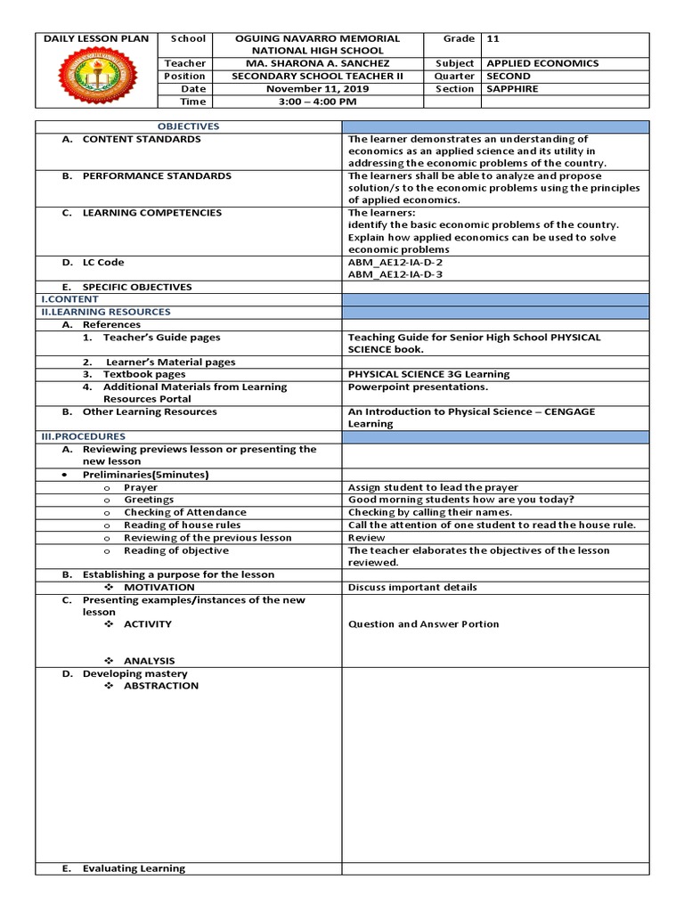 Applied Economics (Lesson Plan) | PDF | Lesson Plan | Teachers