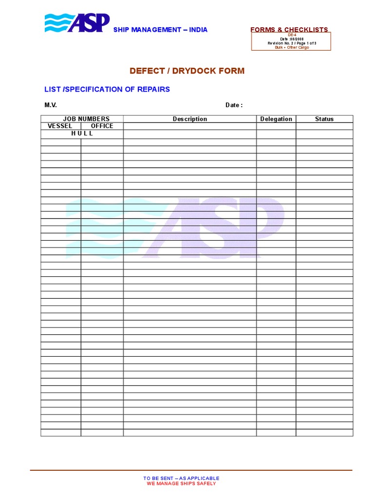 De-4-Drydock Defect Form | PDF | Ships | Specification (Technical Standard)