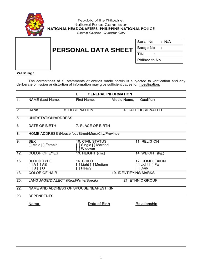 PNP PDS Blank | PDF | Social Institutions | Social Science