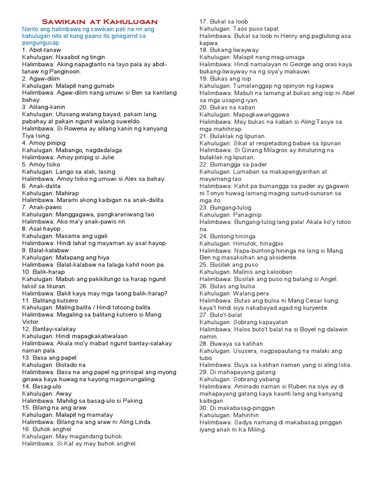 Halimbawa Ng Sawikain Mga Sawikain O Idyuma | PPT