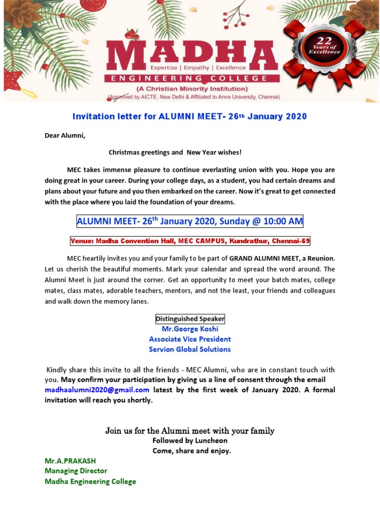 Invitation Letter For ALUMNI | PDF