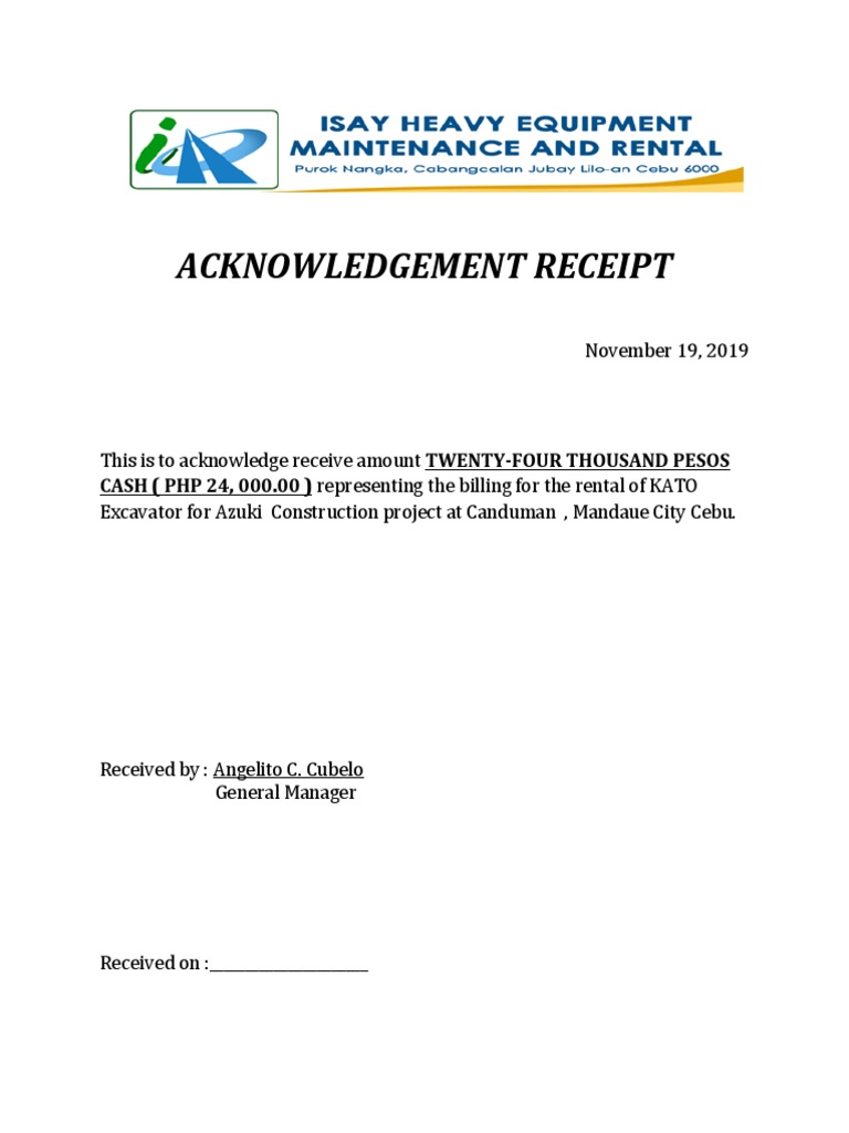 Acknowledgement Receipt Azuki Construction 24K Nov. 19 .2019 | PDF