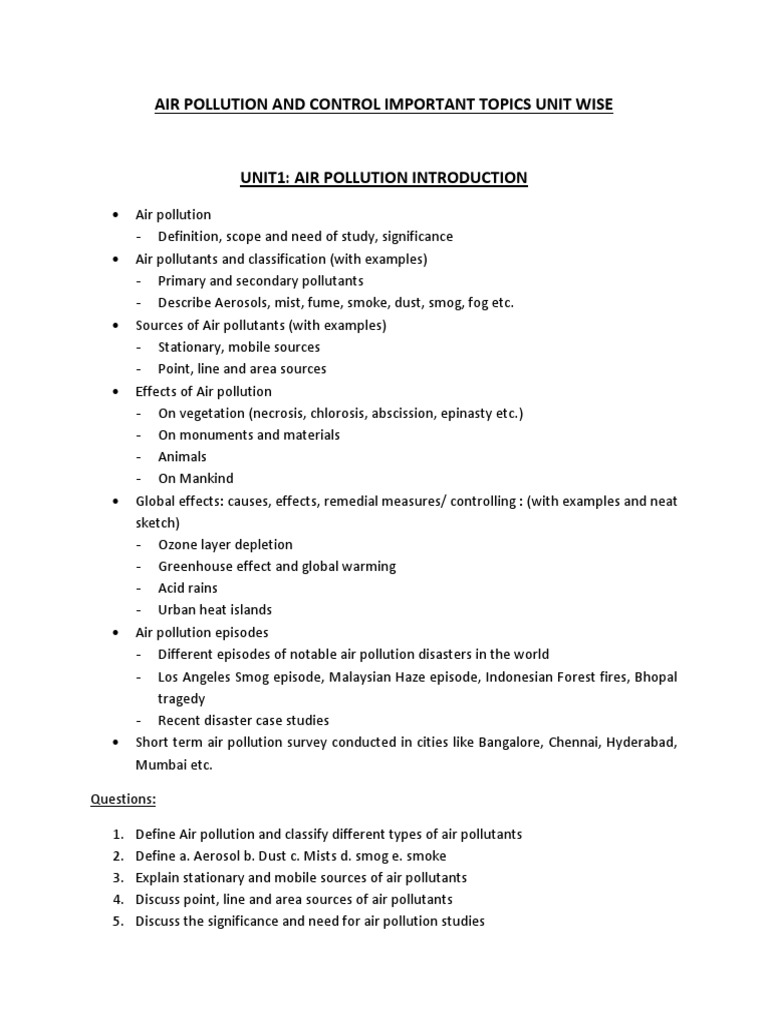 Latest AIR POLLUTION AND CONTROL IMPORTANT TOPICS & QUESTIONS UNIT WISE ...