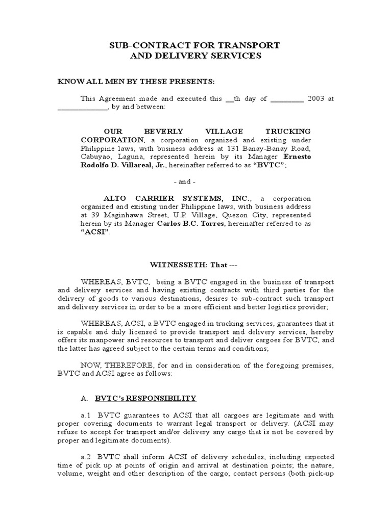 Trucking and Delivery Services Agreement | PDF | Invoice | Cargo