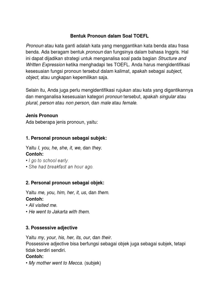 Bentuk Pronoun Dalam Soal TOEFL | PDF | Pronoun | Linguistic Morphology