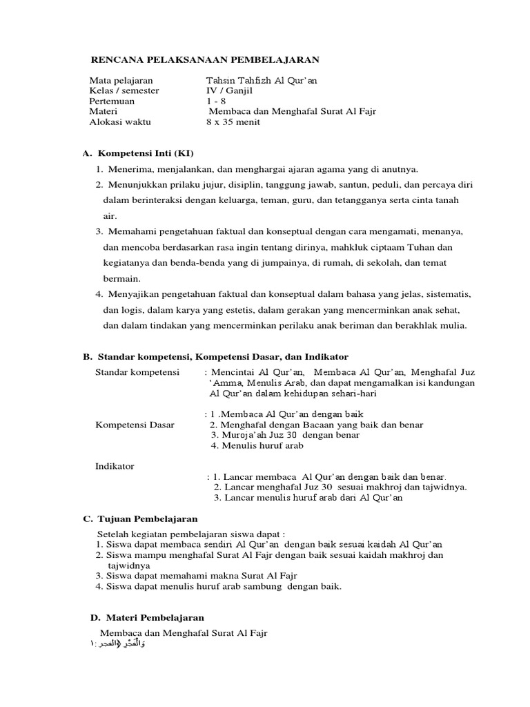RPP Tahfidz Kelas 4 | PDF