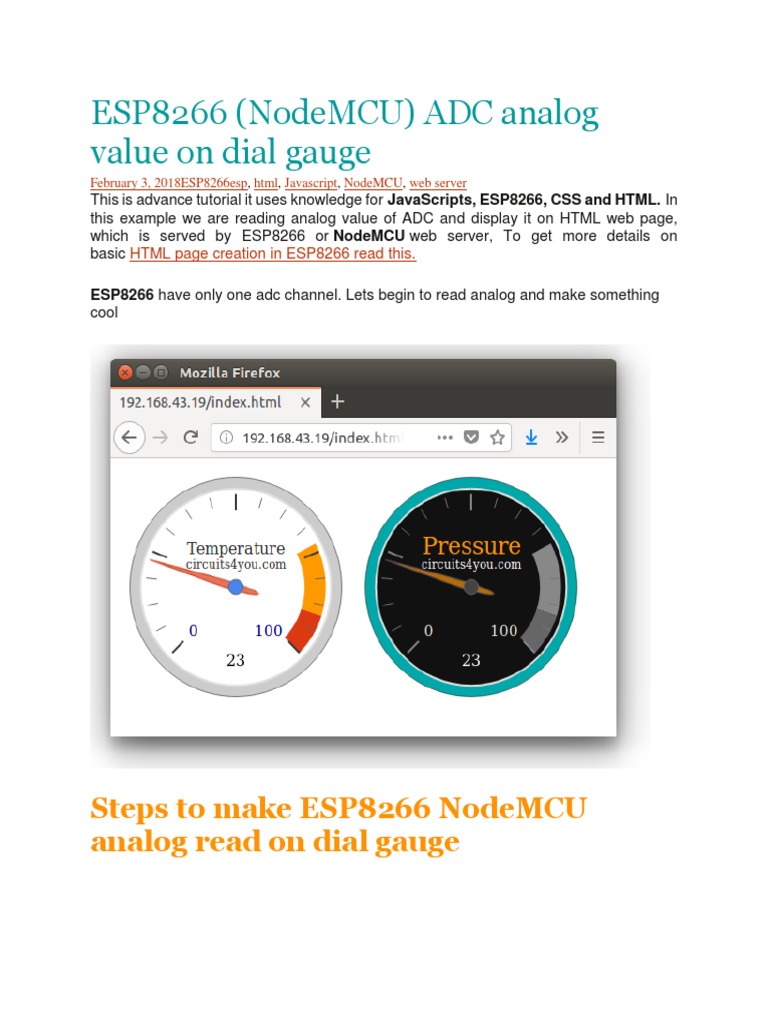 Esp8266 Nodemcu Adc Analog Value On Dial Gauge Pdf Web Server