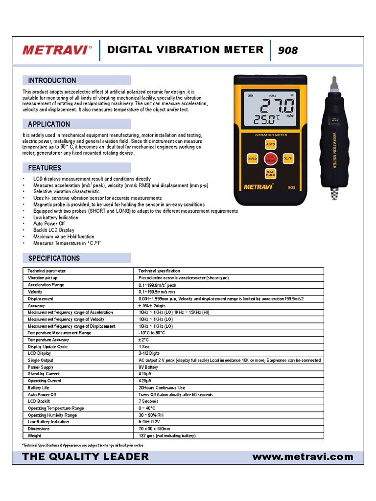 Digital Vibration Meter 908 | PDF | Electric Motor | Piezoelectricity