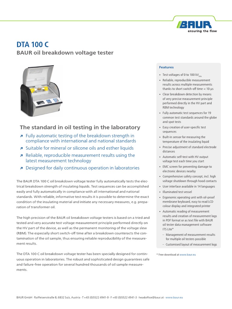 DS - Oil Breakdown Voltage Tester - DTA 100 C - BAUR - En-Gb | PDF ...