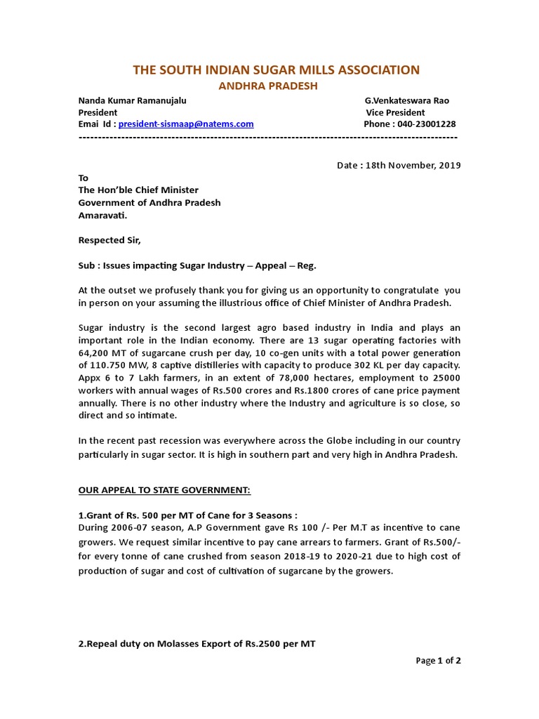 Letter To CM Two Pages 18th Nov 2019 | PDF | Sugarcane | Economies