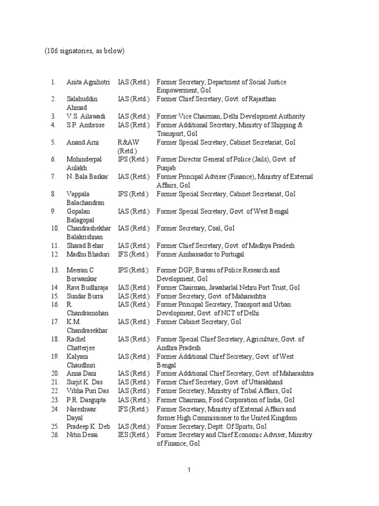 List of Signatories | PDF | Government Of India | Public Administration