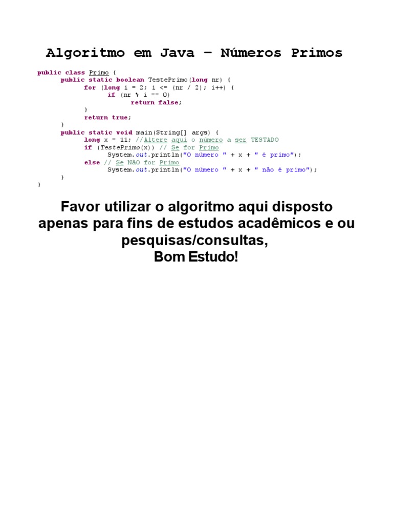Algoritmo em Java - Números Primos | PDF