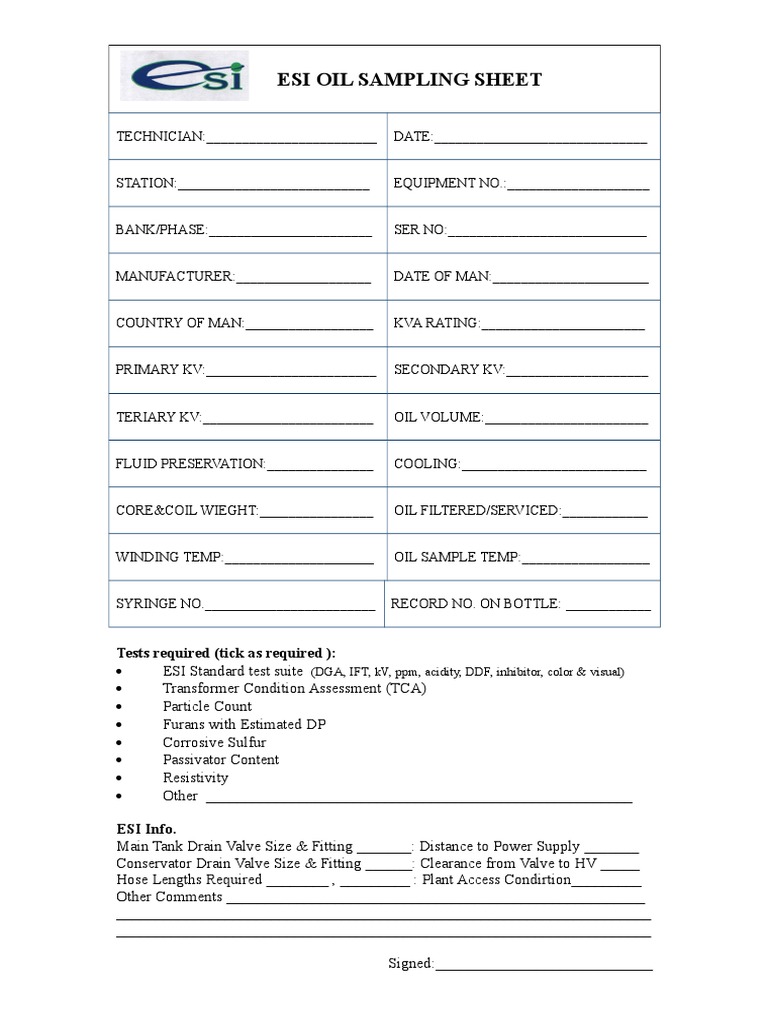 ESI Oil Sampling Sheet | PDF