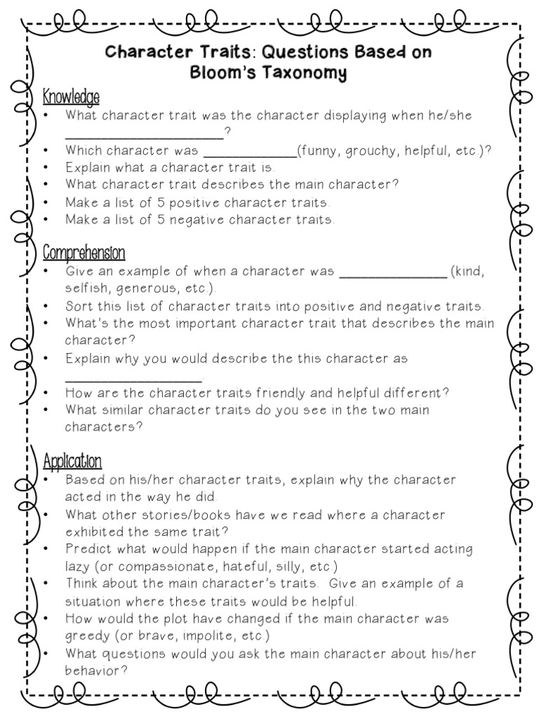 Character Trait Questions for Students | PDF | Behavior Modification ...
